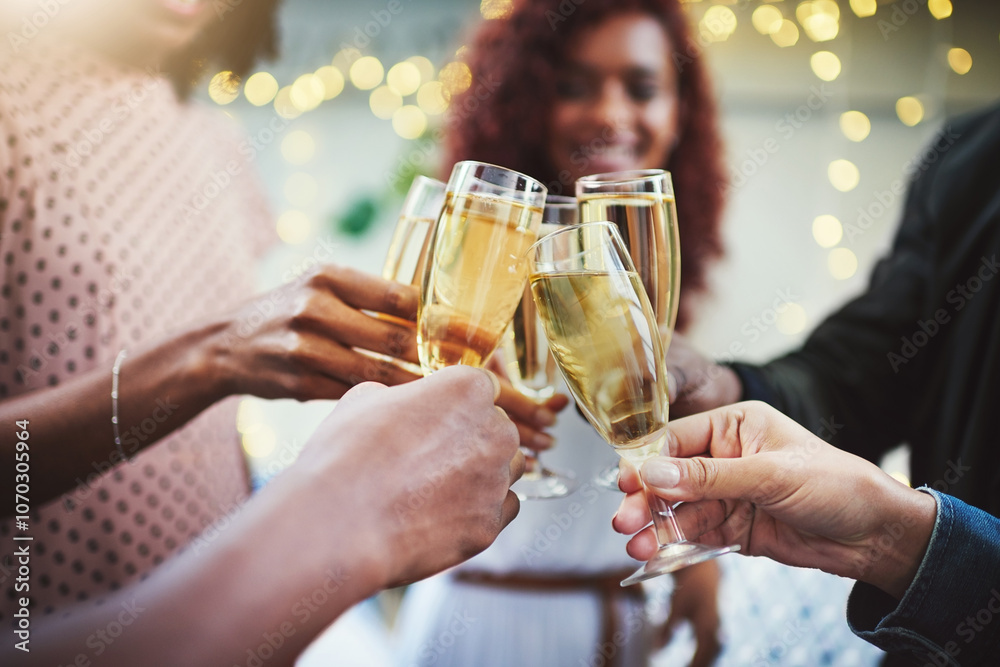 Hands, group and friends with champagne toast for social reunion ...