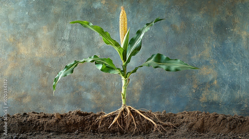 Maize corn plant growing in soil, roots exposed, showing plant ...