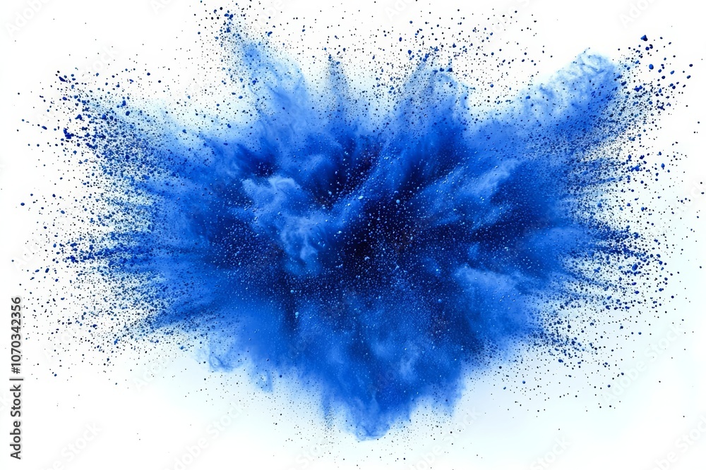 Abstract blue dust explosion on white background. Freeze motion of blue ...