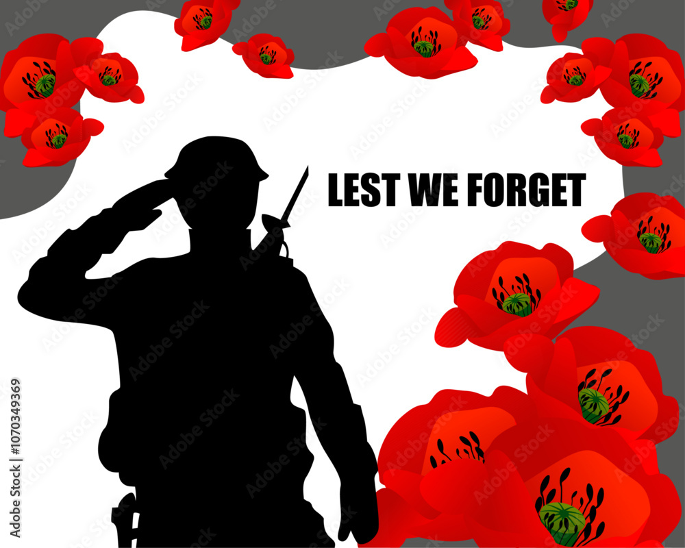 Remembrance Day Symbol. Soldier silhouette, Bright Poppy Flower with ...