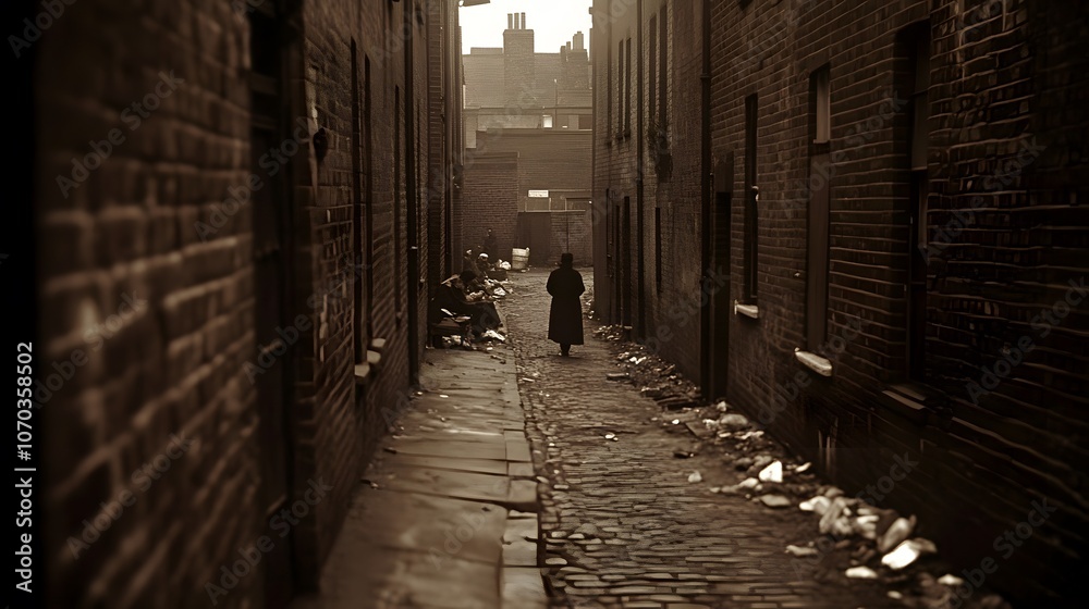 Dark, narrow Victorian alley in the East End of London, with ...