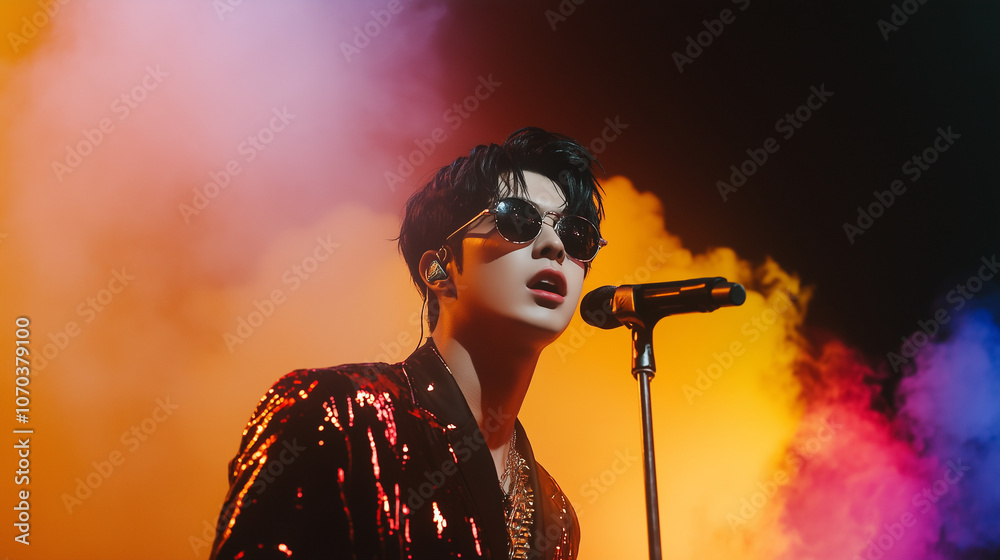 Close up portrait of a korean k-pop singer singing to a microphone and ...