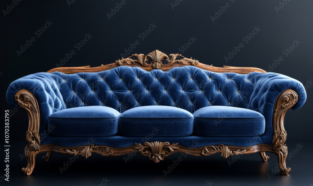 Victorian-style classic sofa with intricate wood carvings and velvet ...