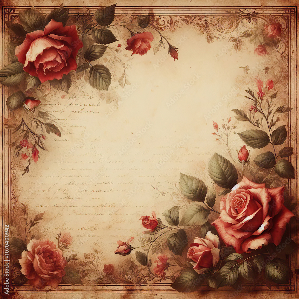 vintage frame with faded red roses and green leaves on yellowed paper ...