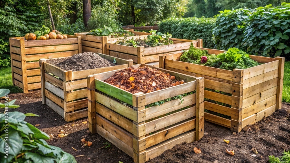 An outdoor composting setup with wooden compost bins, mulch, and ...