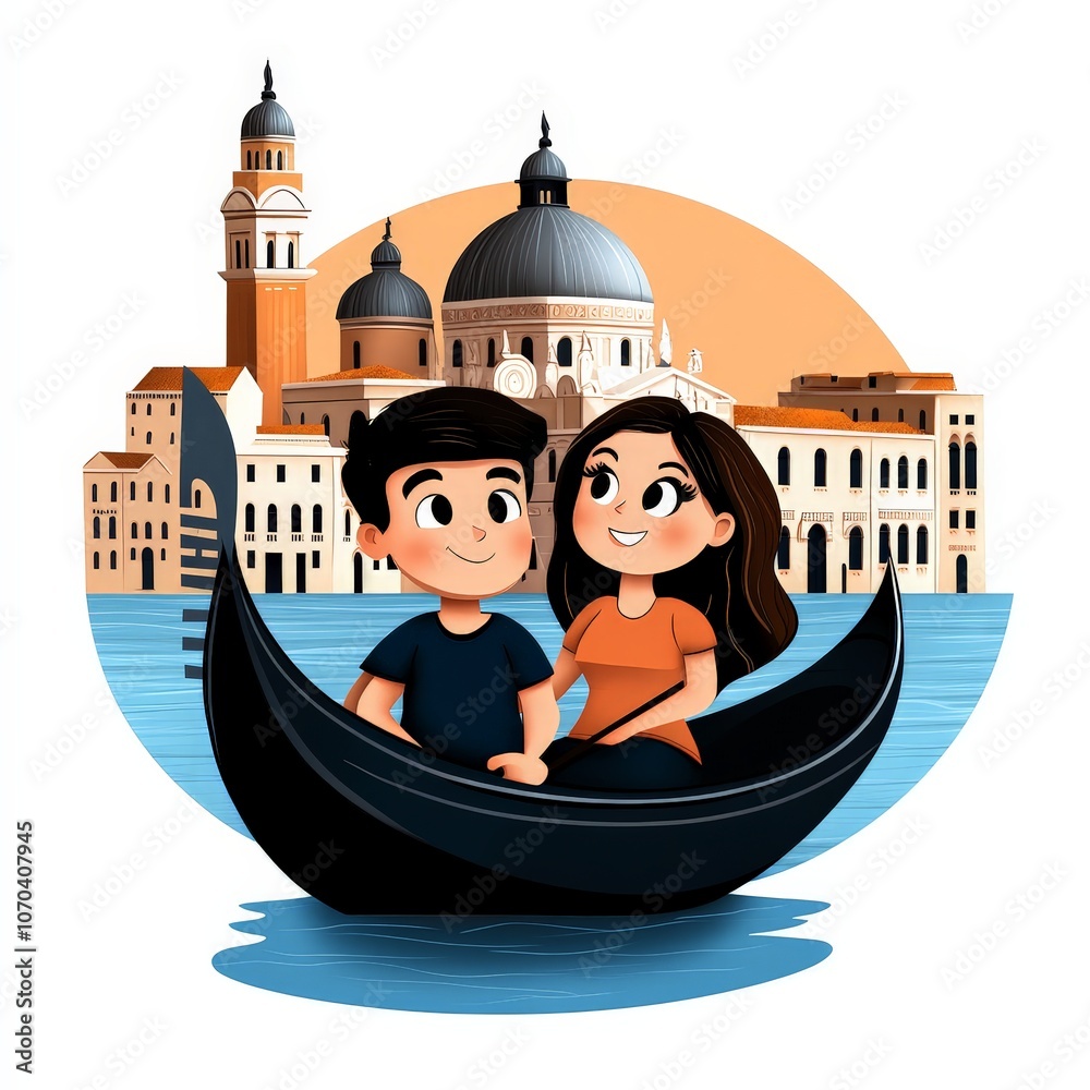 Romantic Couple in a 2D Cartoon Gondola Scene Stock Illustration ...