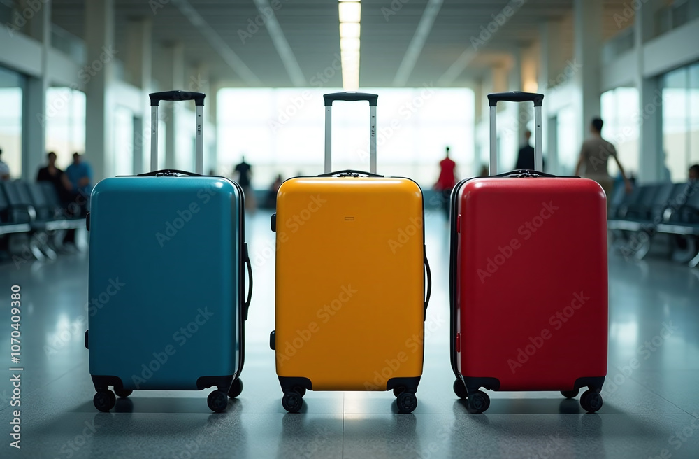 Three suitcases airport. The photo shows three large suitcases standing ...