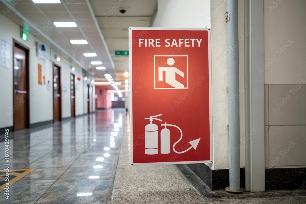 A fire safety sign with emergency exit and extinguisher icons in a ...
