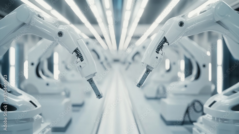 Row of White Robotic Arms at Automated Production Line at Bright Modern ...