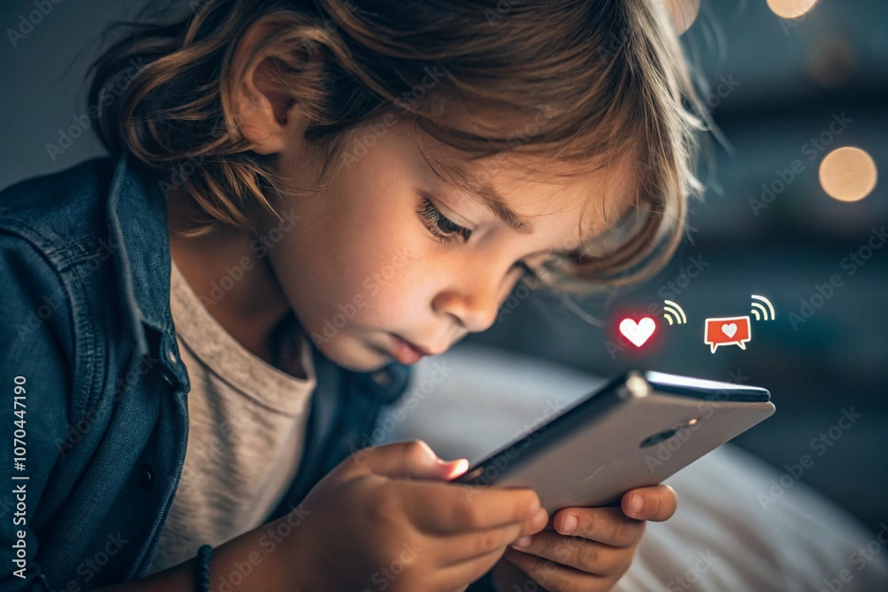 A young child intensely focused on a smartphone screen, with social ...