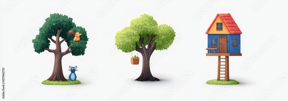 Treehouses set isolated on white background for kids fun, backyard ...