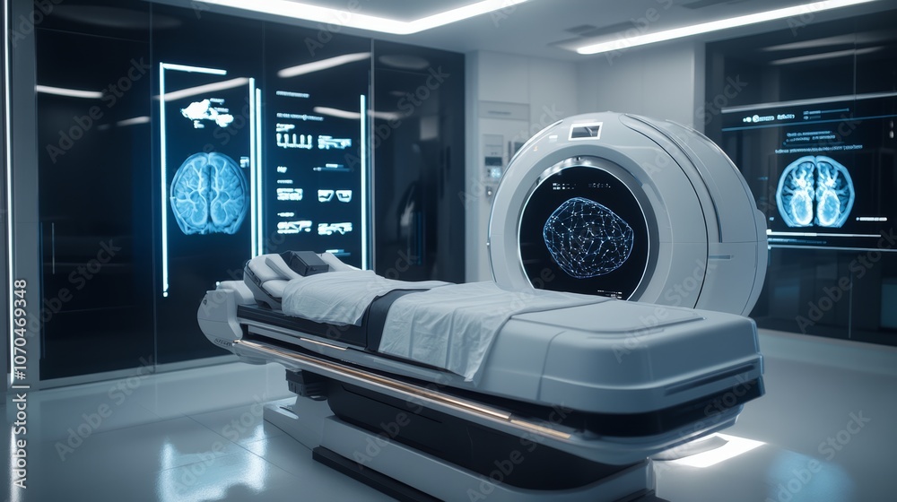 A modern MRI machine with a patient lying on a table in a futuristic ...