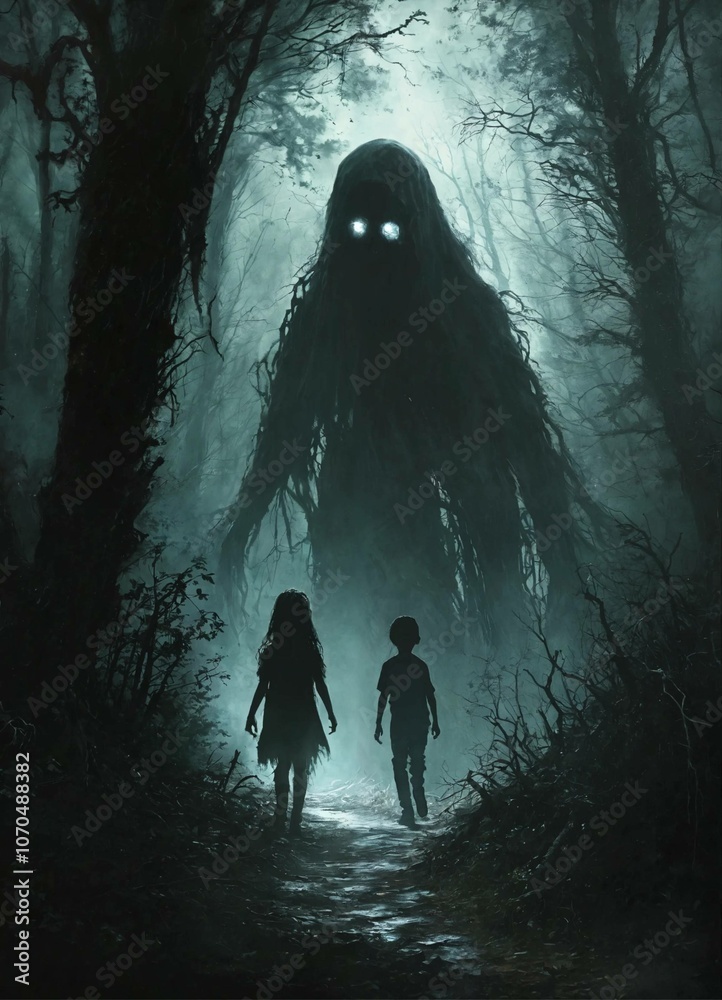Creepy looking ghost in dark forest, boy looking in front of girl ...