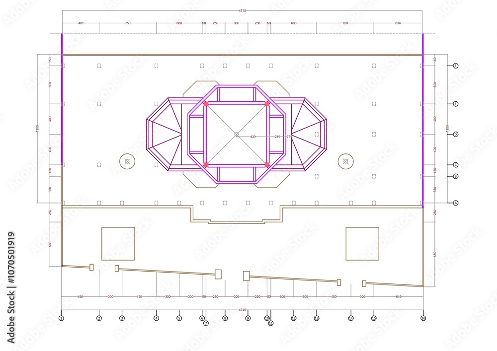 2D top view floor plan of a dome-roof structure with detailed notations ...