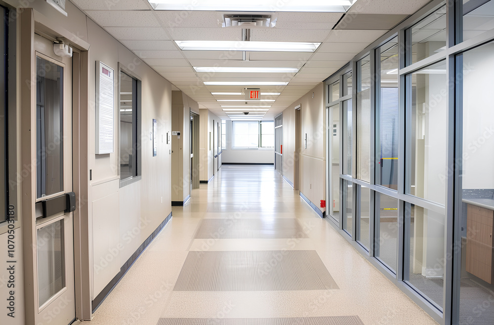 empty police station hallway, with beige and gray colors, a modern ...