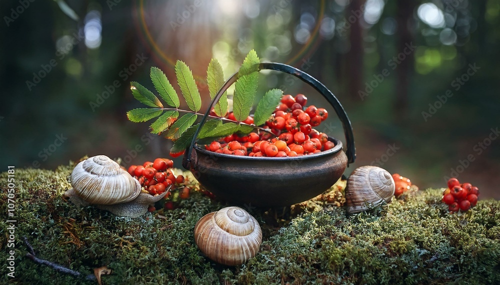 witch cauldron and spiral made of snail shells and rowan berries in ...