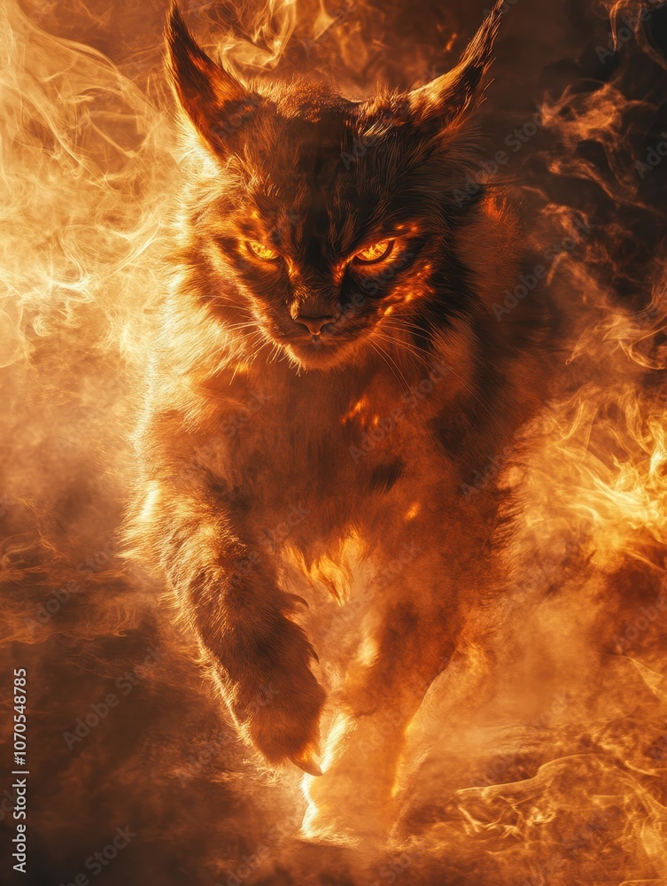Fiery Cat Walking Through Flames with Intense Gaze and Dramatic ...