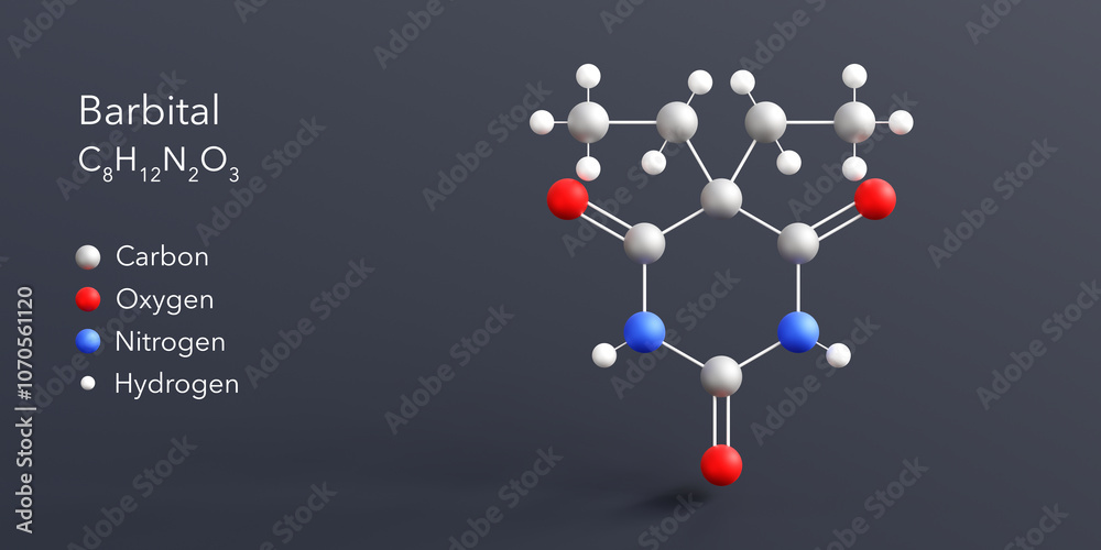 Barbital molecule 3d rendering, flat molecular structure with chemical formula and atoms color ...
