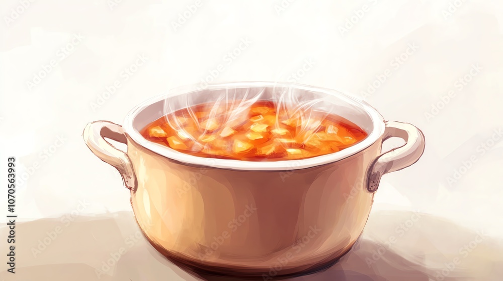 a 2D cartoon illustration of a pot of soup with steam rising, hot and ...