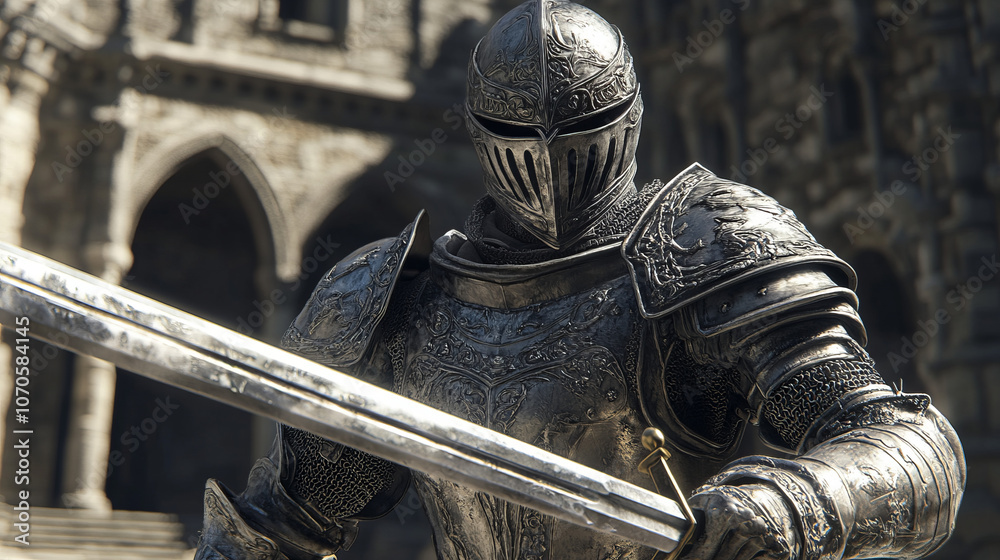 The knight's metal armor glitters under the bright light, showing the ...