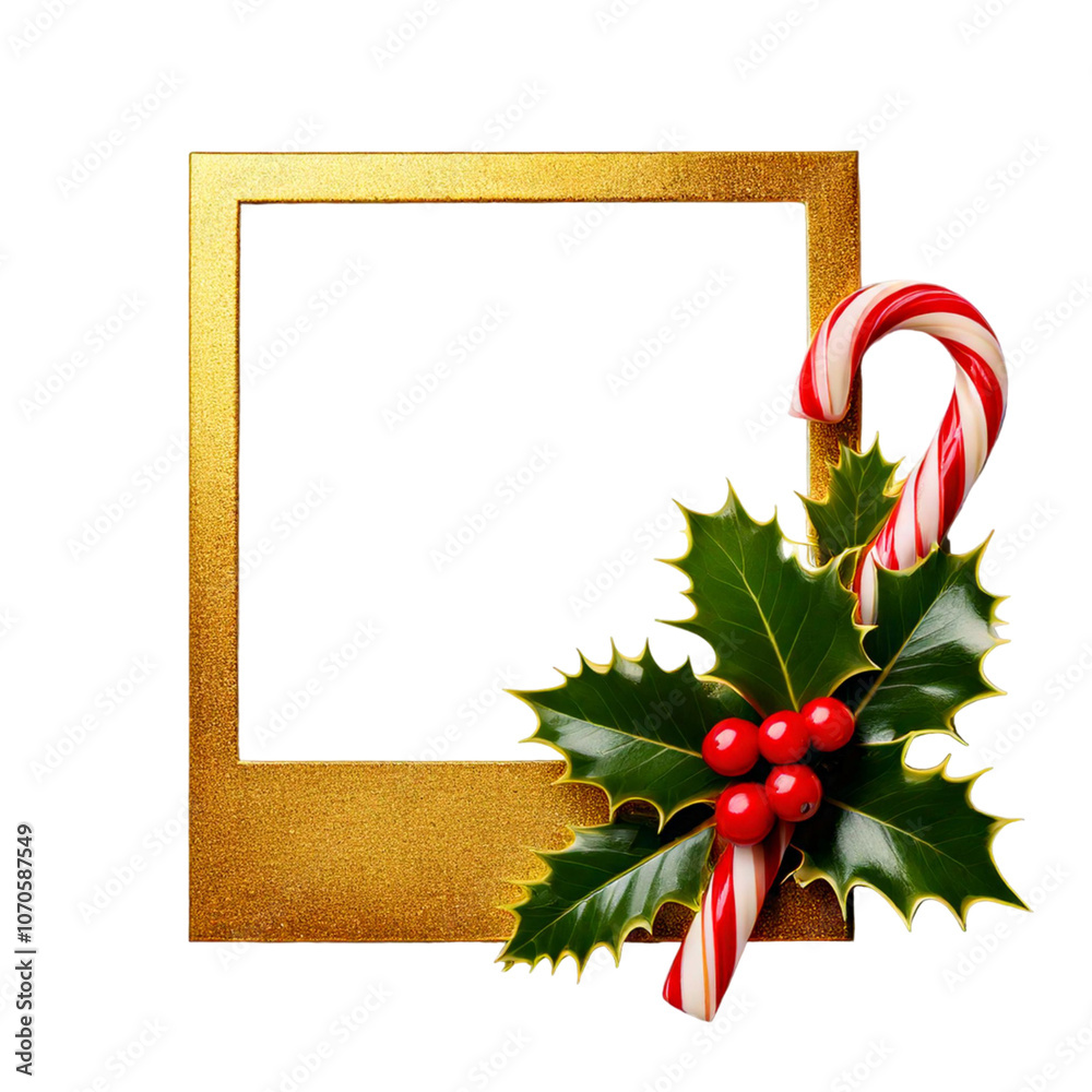 Polaroid Christmas frame with holly decor isolated on transparent ...