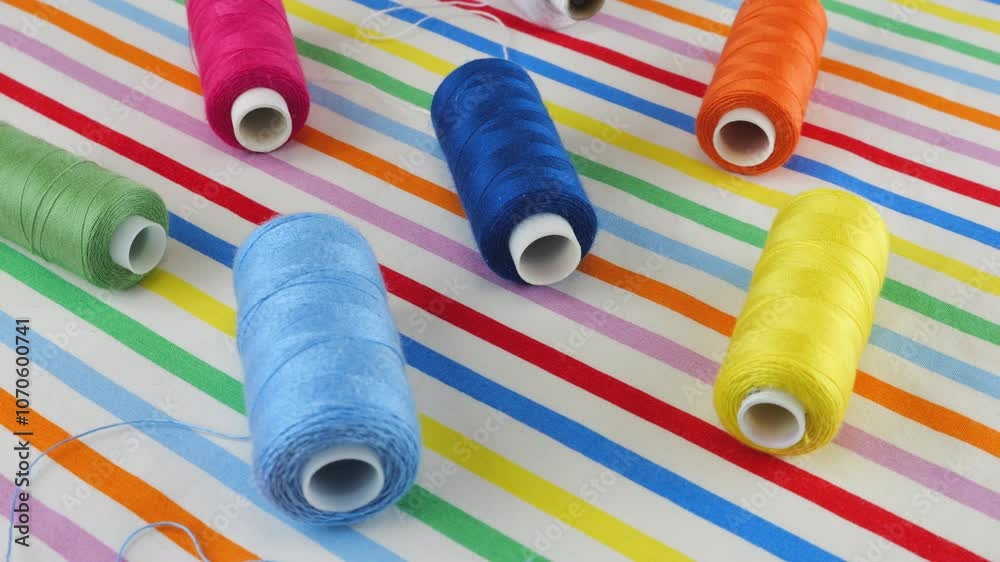 Top view of white cotton fabric with rainbow stripes and spools of ...