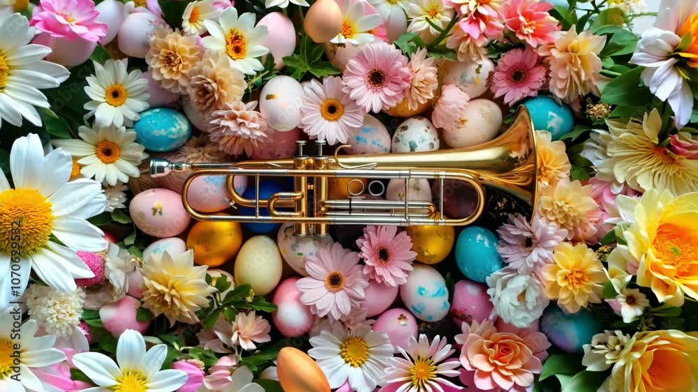 Easter music art A trumpet is surrounded by a bed of flowers and eggs ...