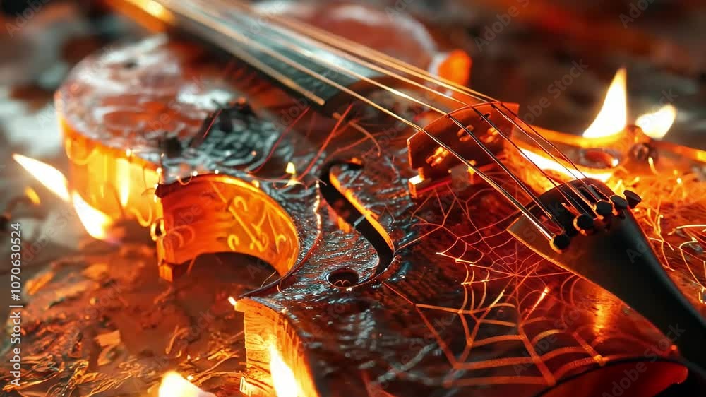 A violin with a spider web design on it is sitting on a table. The ...