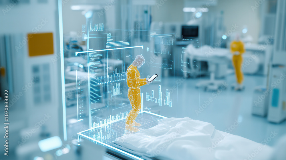 dynamic isometric scene of patient interacting with digital data in ...