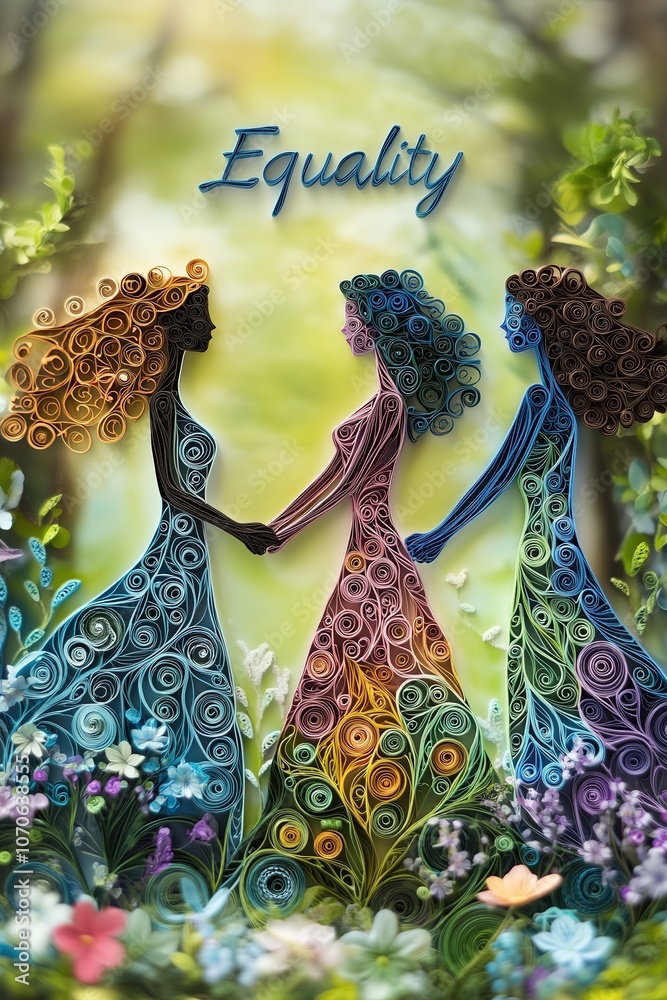 Women Holding Hands for Equality, Quilled Silhouettes in Harmonious ...