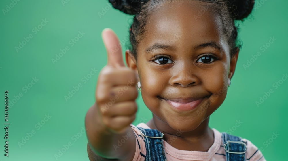 Young child giving a thumbs up on a green background, conveying ...