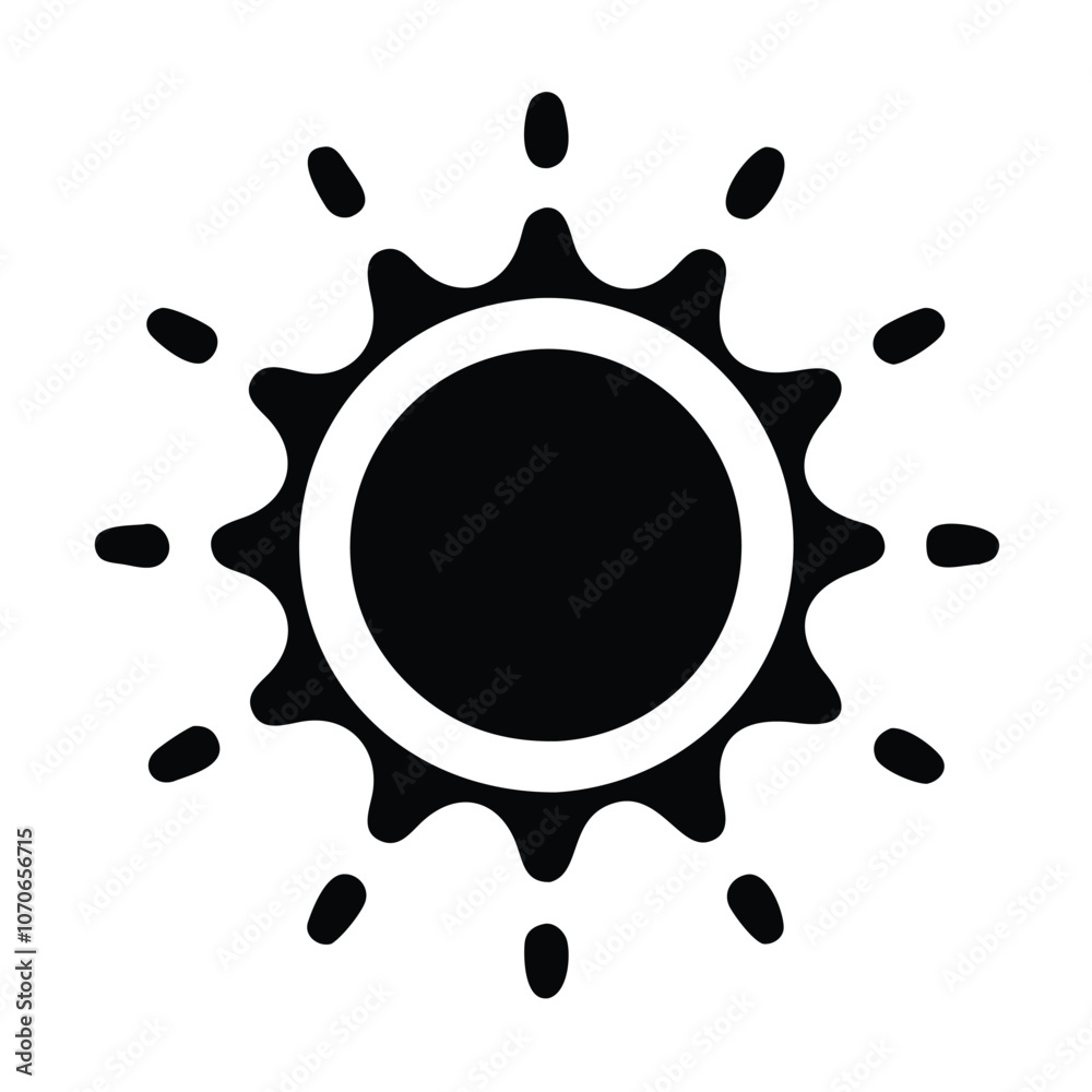 Bold Sun Icon with Wavy Rays, Black and white illustration of a bold ...