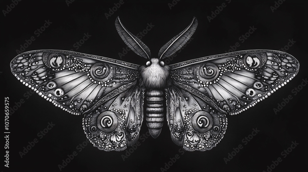 A black and white boho moth line art illustration with detailed wings ...