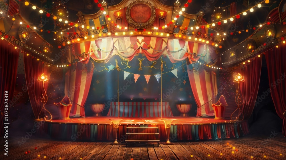 Image shows an empty theater stage with a drum set on a red carpet ...