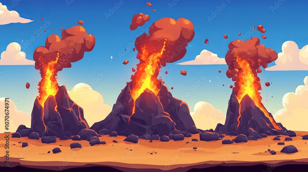 Animation stages of volcano erupt and explode. Lava and smoke cloud on ...
