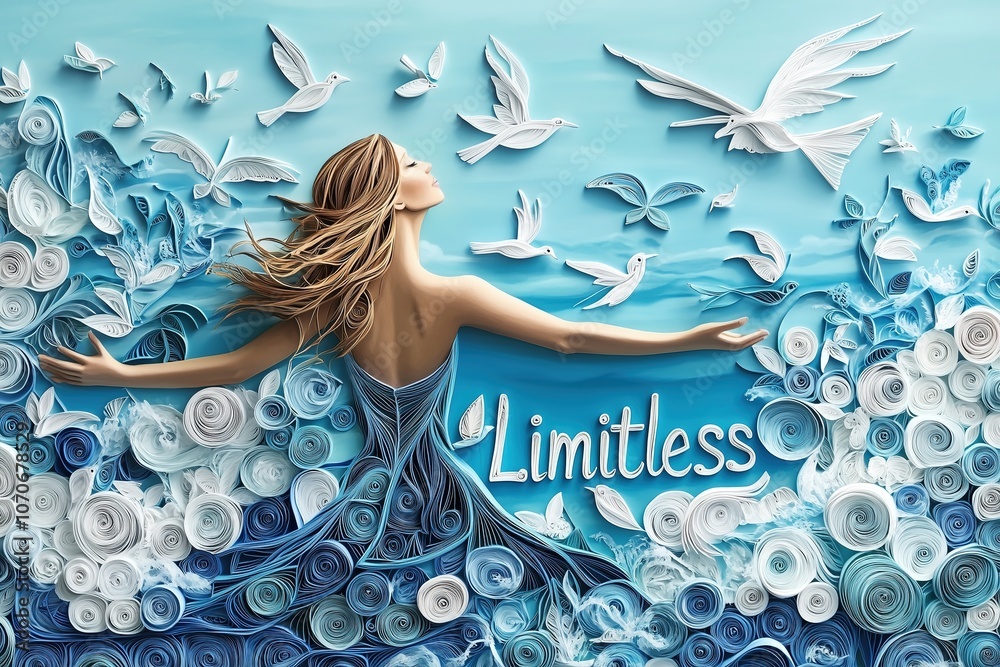 Limitless Woman with Open Arms, Bold Quilled Letters, Birds, and ...