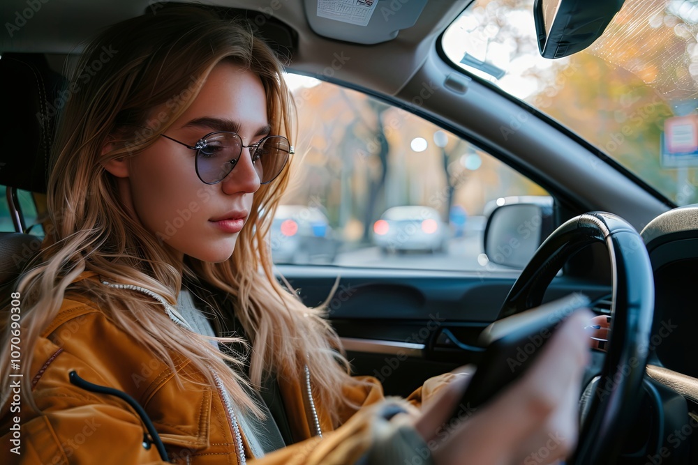 Young woman with sunglasses checking her phone while driving in an ...