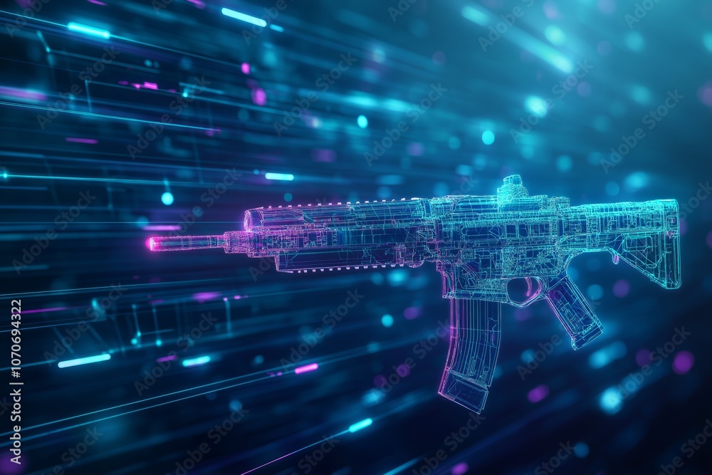 Digital wireframe model of a rifle with blue and pink neon lights in a ...