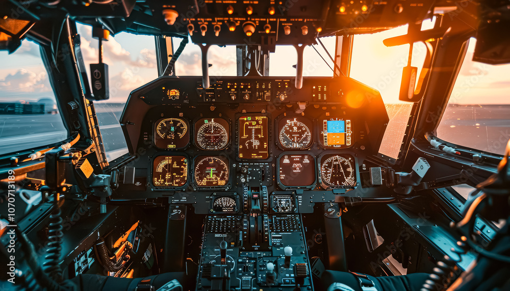 The cockpit of a plane is lit up with the sun shining through the ...