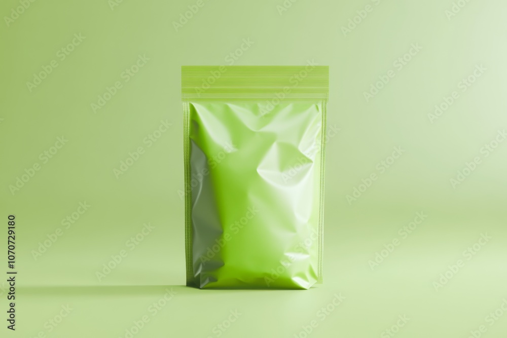 Mock up of one green foil zip bag on a mute green desk and wall ...