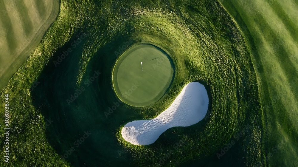 Aerial view of a golf green with a sand trap, showcasing the layout and ...