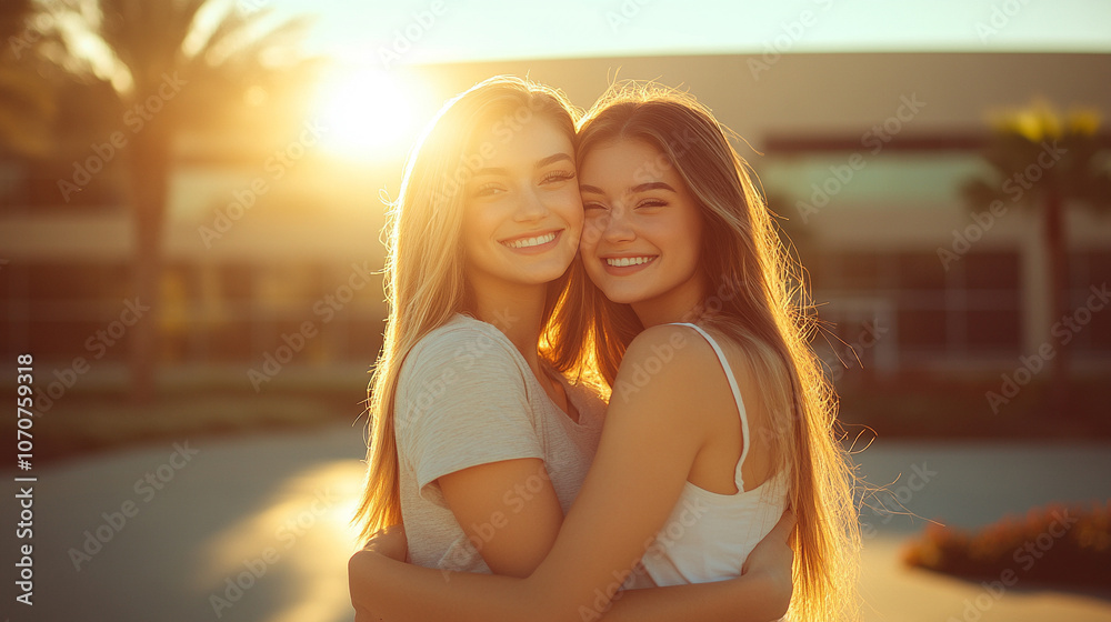 Two female friends walk closely, arms linked, showing warmth, support ...