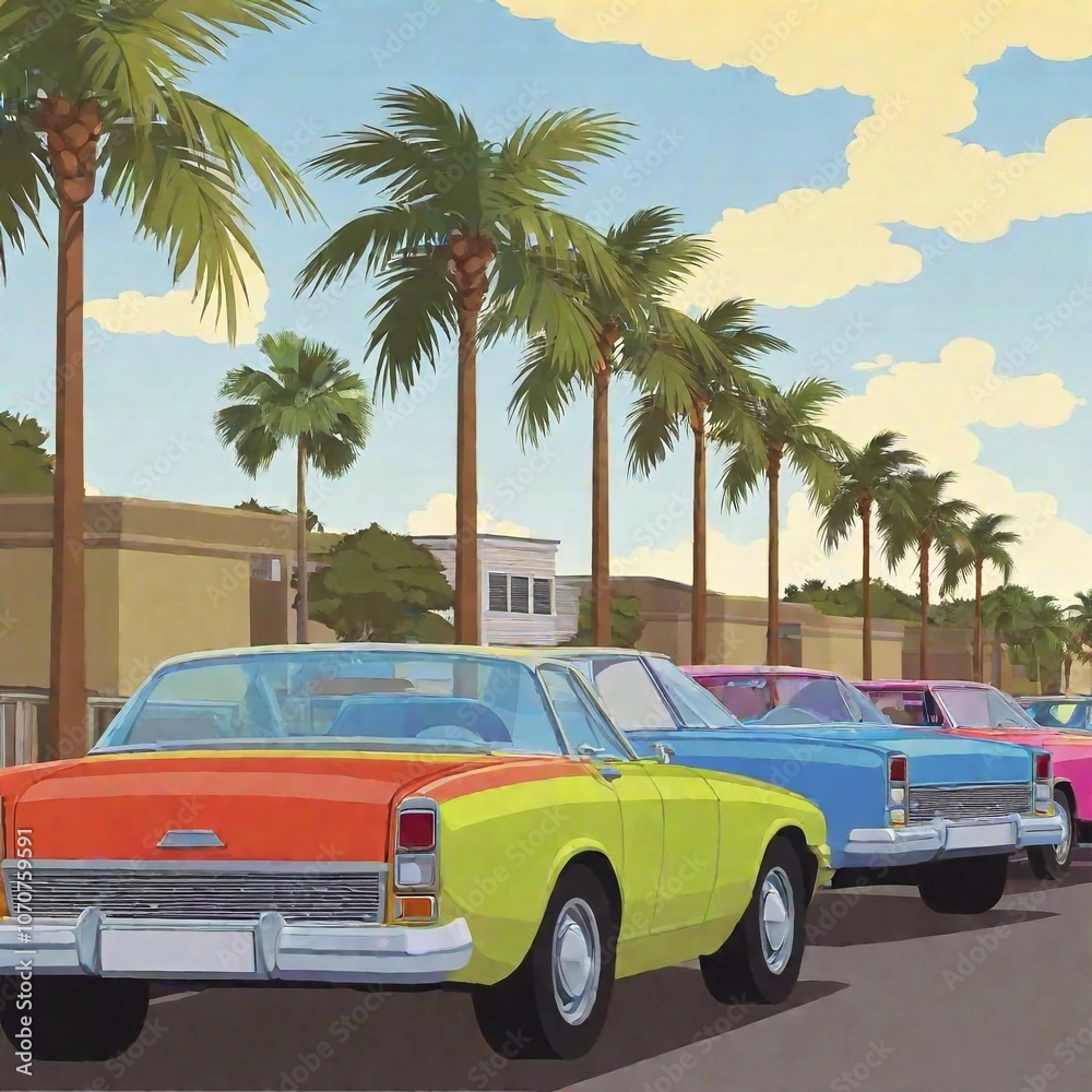 illustration of a lineup of classic 80s cars parked at a retro car show ...