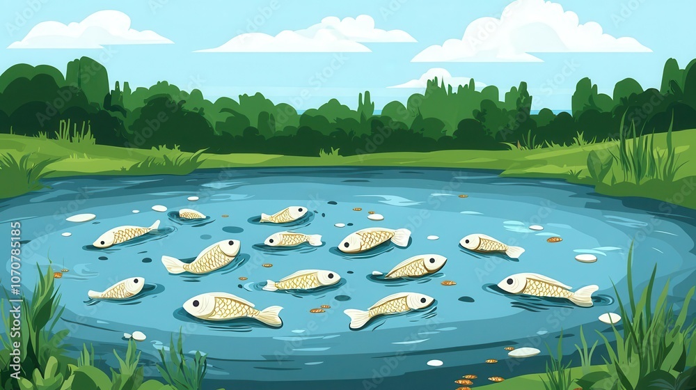 Water pollution awareness symbol, dead fish in polluted lake, flat ...
