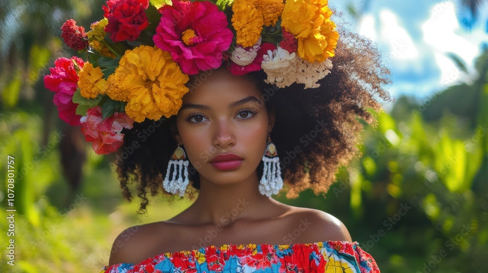 Floral headpiece with baro attire, Afro-Latina model celebrating Puerto ...