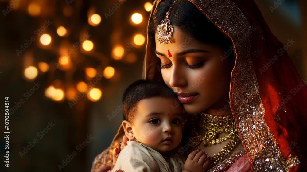 A beautiful Indian mother holding her baby, both dressed in traditional ...