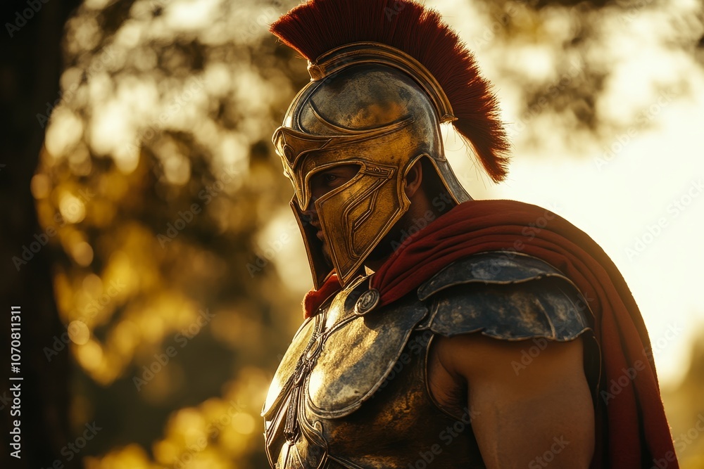 A proud Spartan warrior, clad in bronze armor and a crimson cloak ...