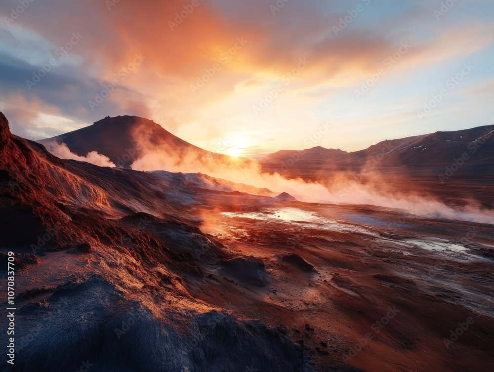 A geothermal landscape in the Myvatn area, with bubbling hot springs ...