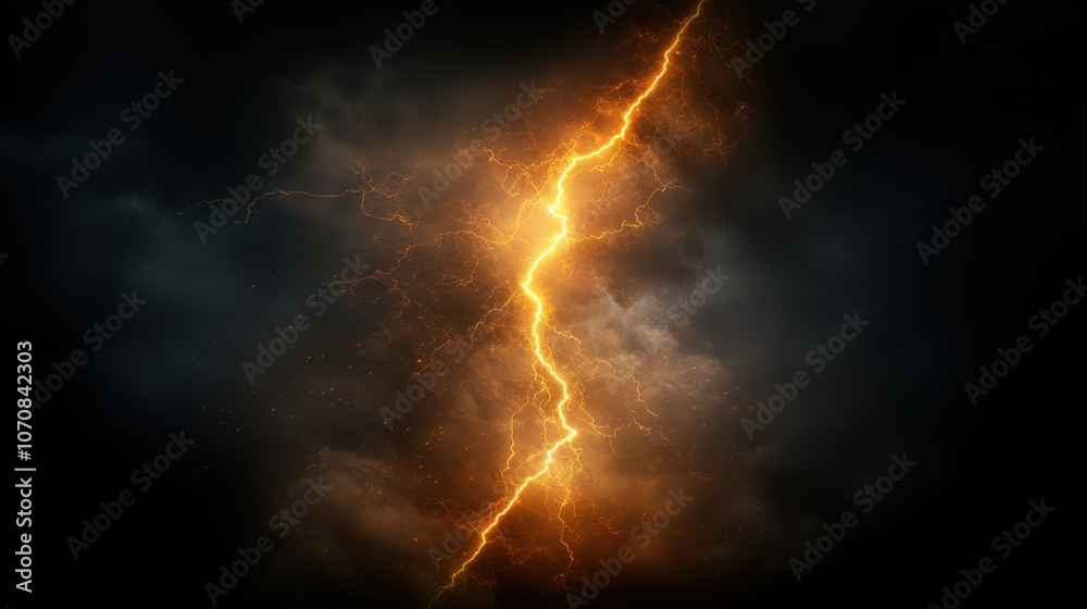 A powerful and fiery orange lightning bolt slices through dark, moody ...