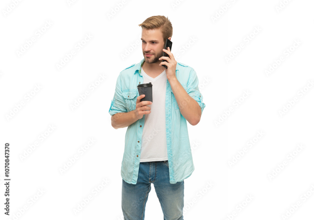 Morning call. Young busy man talking on phone. Millennial man making ...